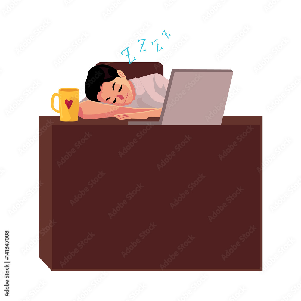 Young businessman, manager sleeping sweetly at office desk, napping on ...
