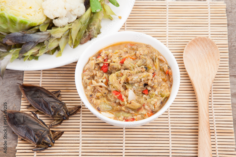 pimp chili paste or Chili paste Thai style with steamed and fresh ...