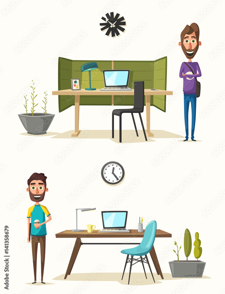 Modern workplace. Creative character. Office work. Cartoon vector ...