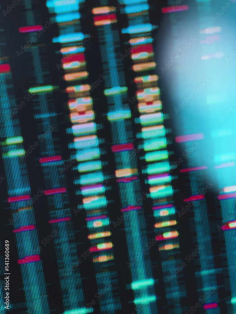 DNA Research, DNA finger print test results on a computer screen in the ...