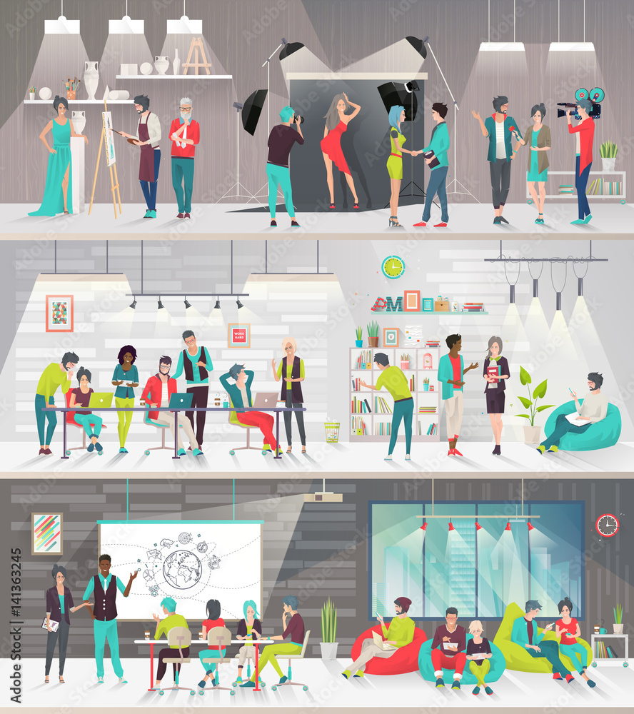 Concept of big art space. Art people work together in coworking place ...