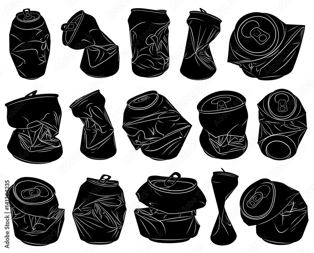 Set of different crushed cans isolated on white Stock Vector | Adobe Stock