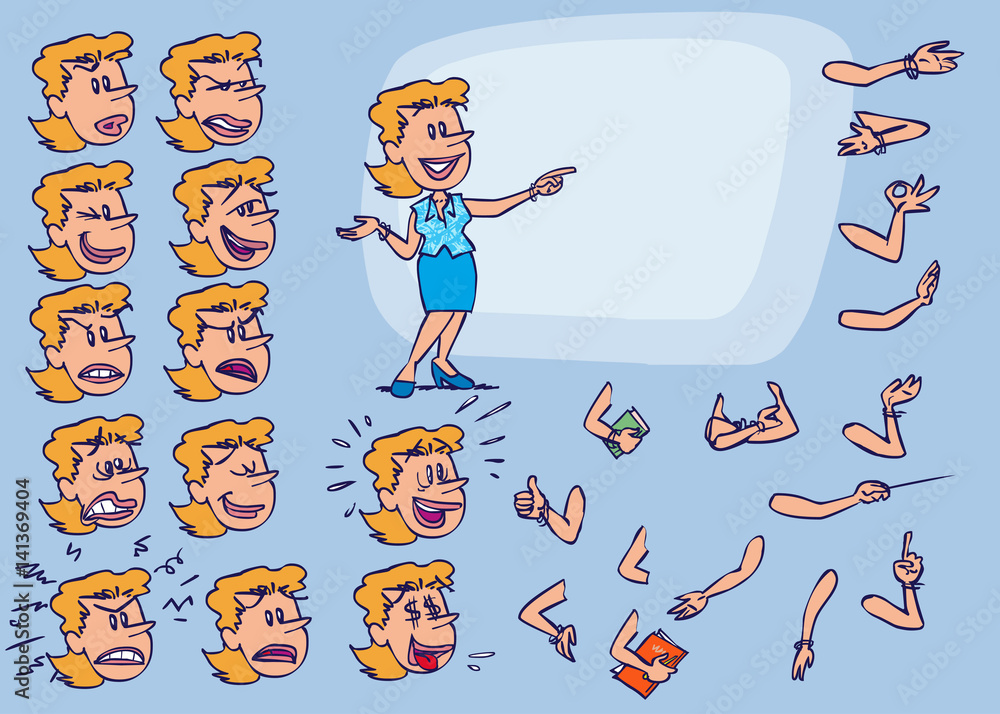 Caucasian businesswoman. Face and body elements, parts of body template ...