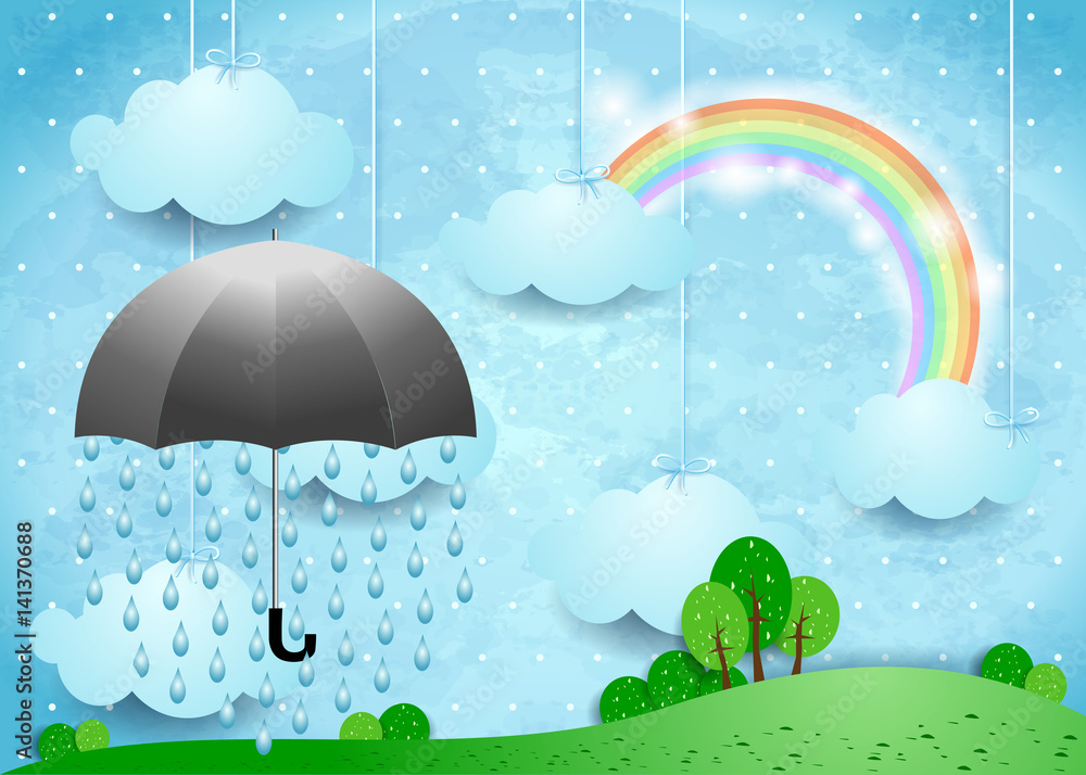 Surreal landscape with umbrella and rain, horizontal version Stock ...