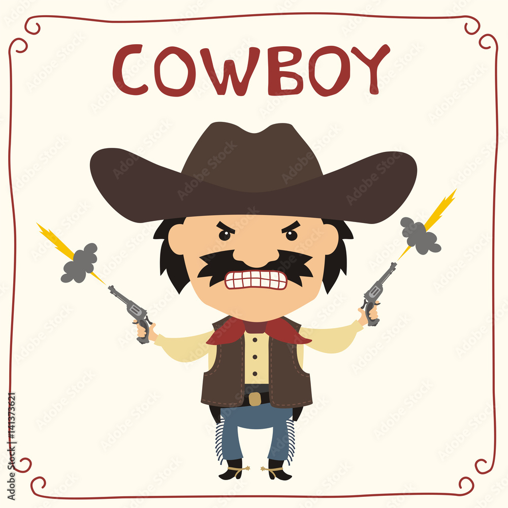 Angry cowboy with two guns in cartoon style. Insulated cowboy with ...