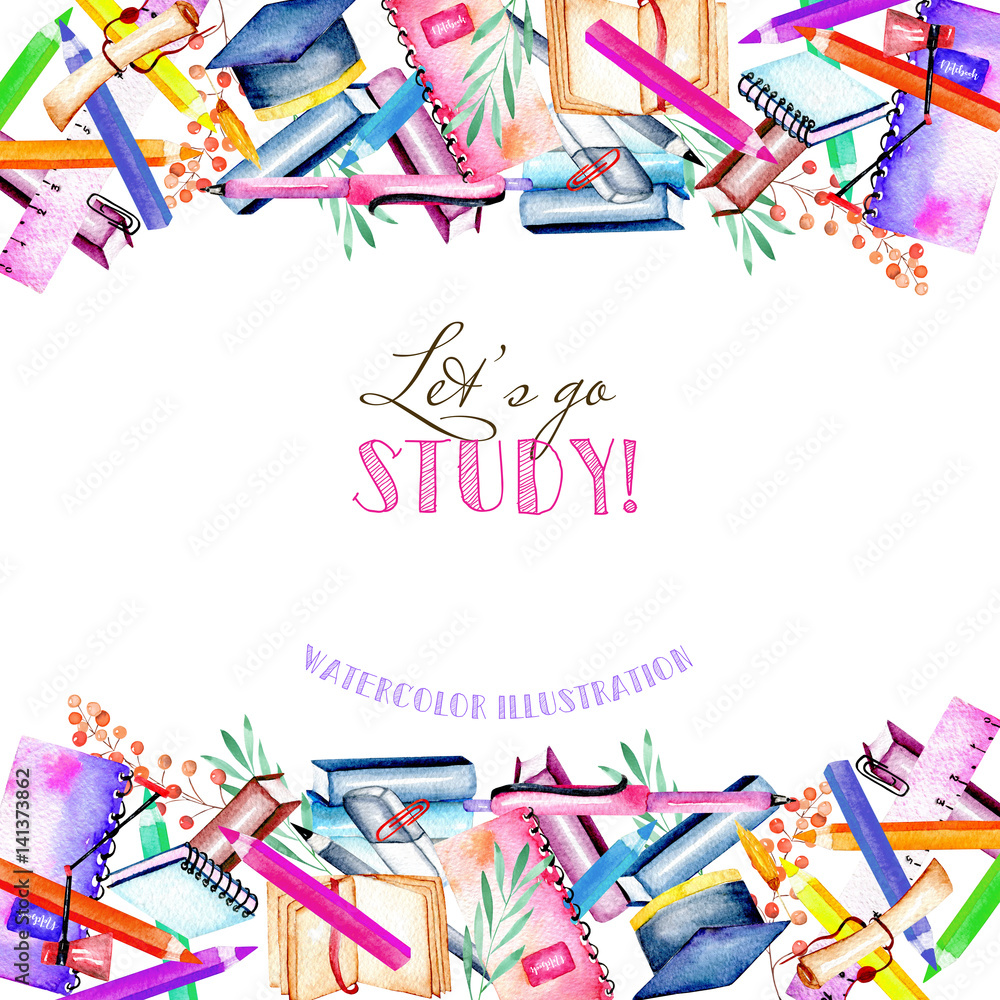 Card template, frame border with watercolor stationery objects, hand ...