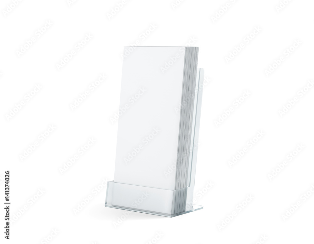 Blank white flyers stack mock up in glass plastic holder, 3d rendering ...