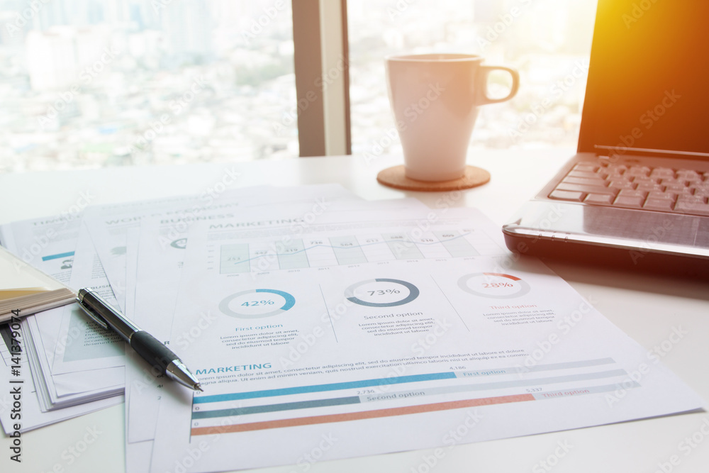 Modern white office desk white table with laptop and other supplies ...