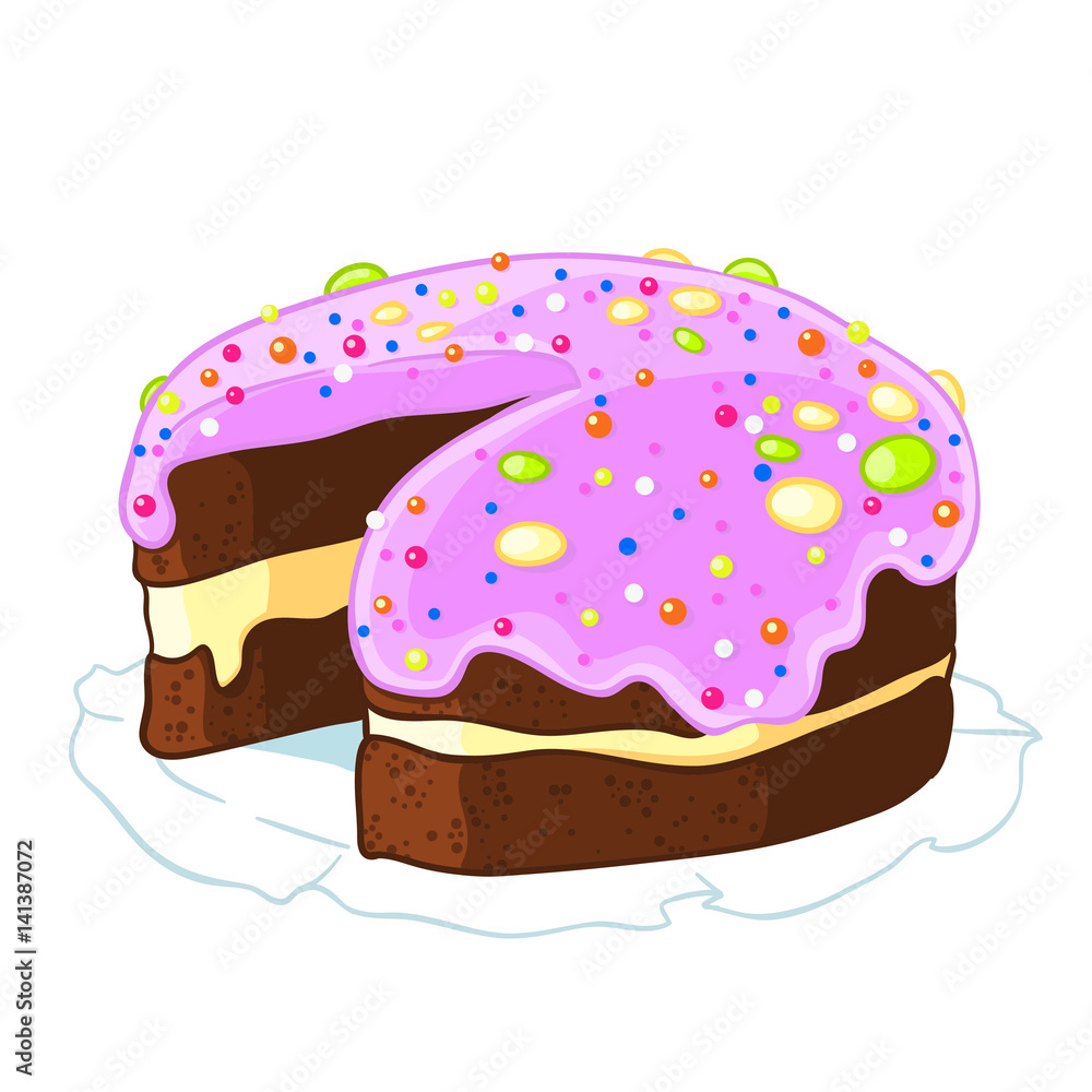 Cartoon icon incised chocolate cake with blueberry frosting and ...