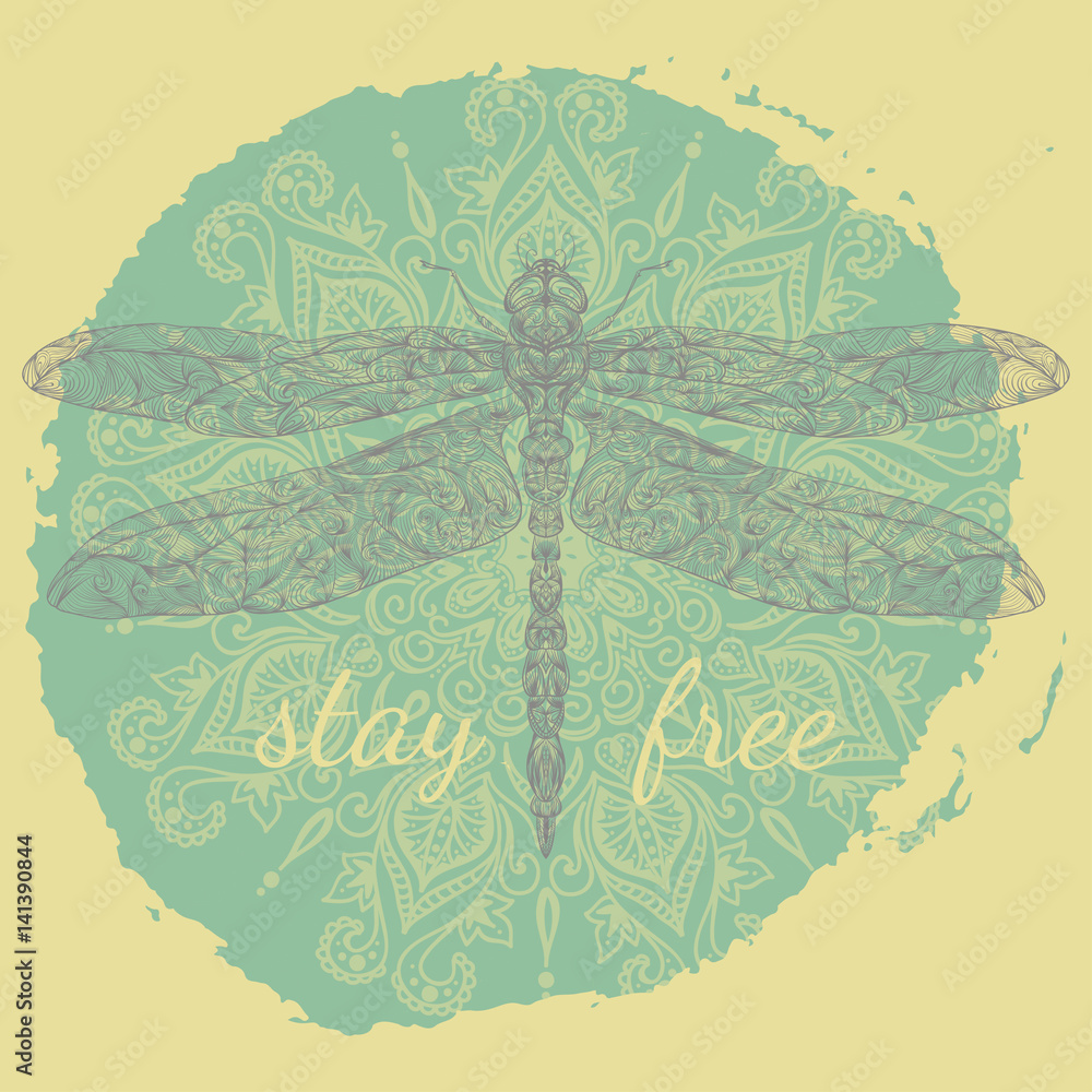 Zentangle stylized dragonfly on mandala background . Hand-drawn vector ...