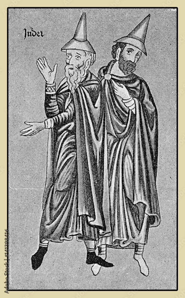 Jews representation with traditional mantle, costume and hut, from a ...