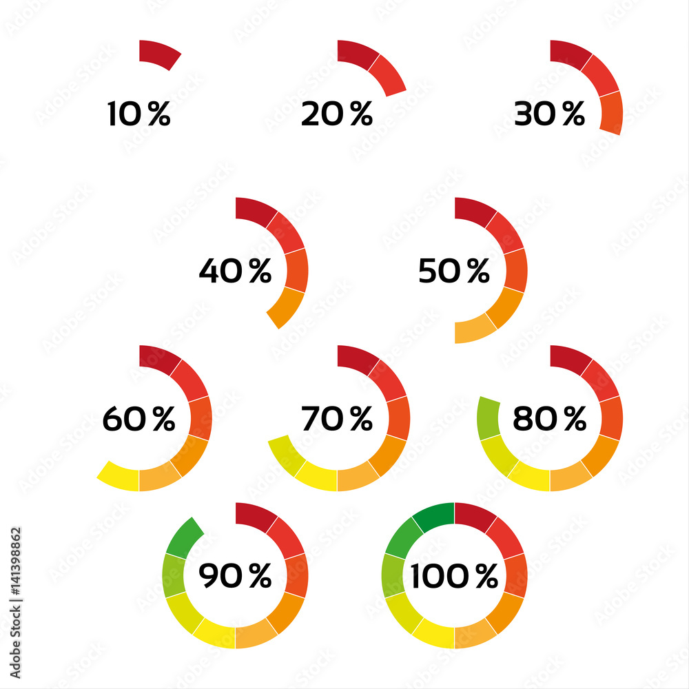 Set of ten color percentage indicators isolated on a white background ...