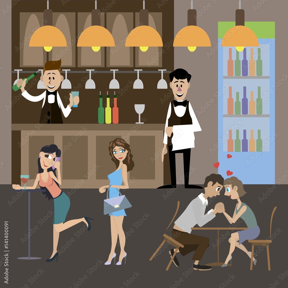 visitors relax at the bar. the bartender and waiter serving customers ...
