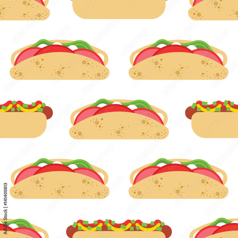 Seamless pattern consisting of fast food, drawn in a flat style for ...