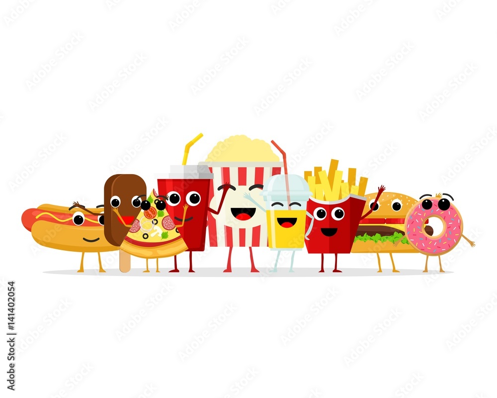 Funny fast food characters isolated on white background. Happy smile ...