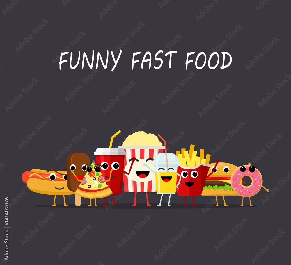 Funny fast food characters isolated on dark background. Happy smile ...