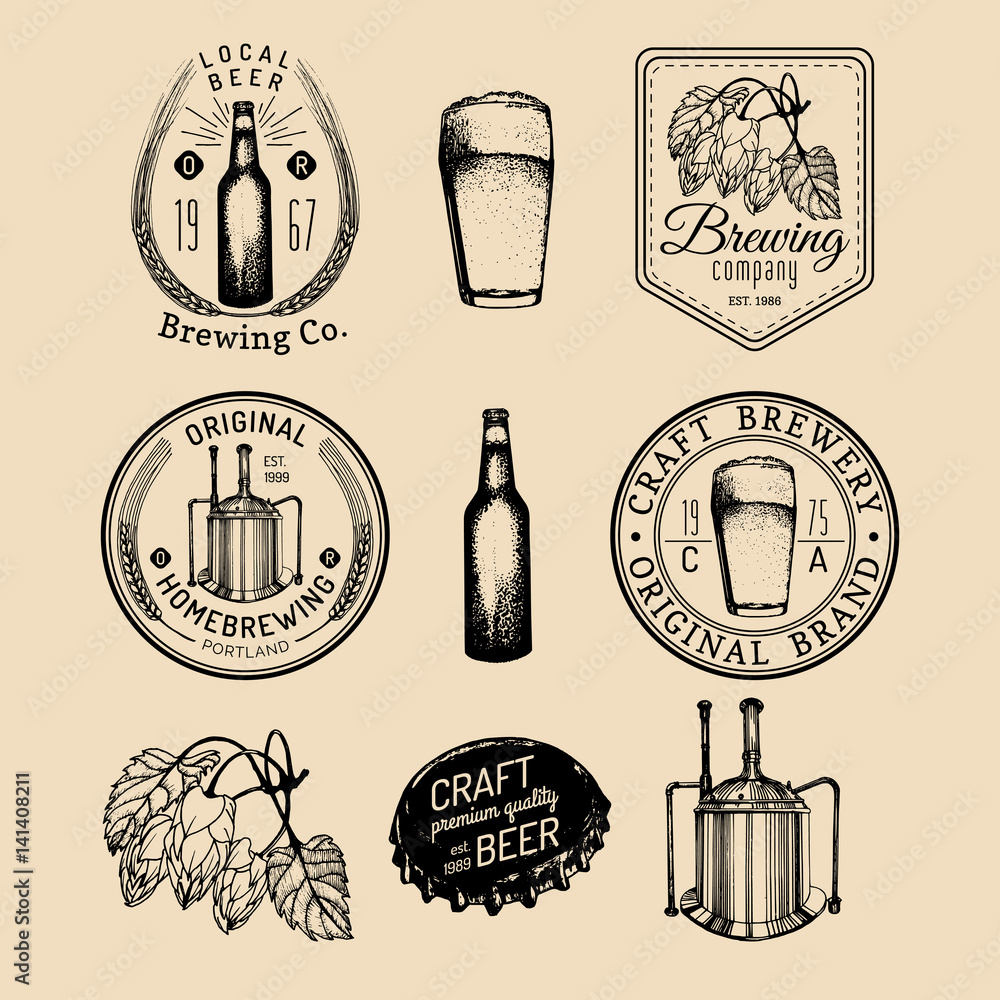 Old brewery logos set. Kraft beer retro signs with hand sketched glass ...