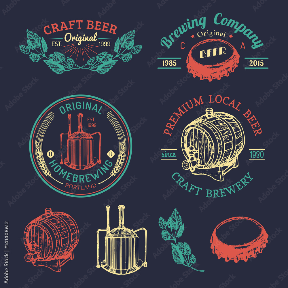 Old brewery logos set. Kraft beer retro signs with hand sketched glass ...