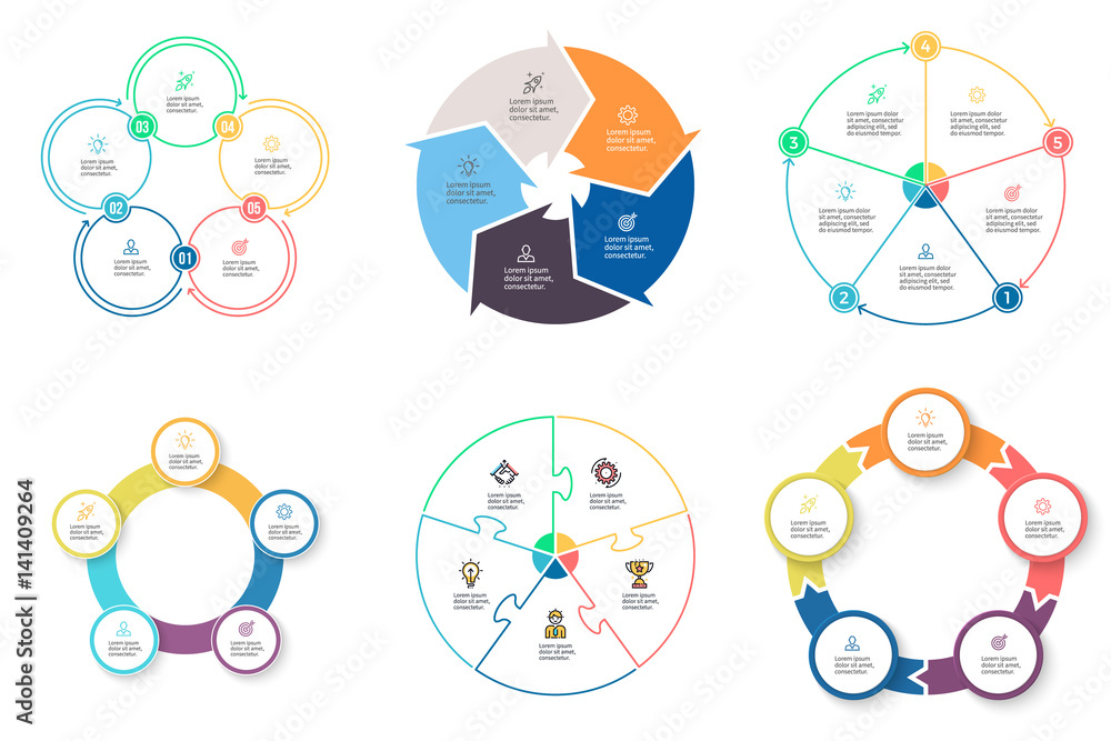 Business infographics. Diagrams with 5 steps, options. Vector pie ...