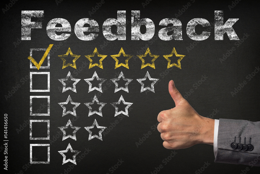 Feedback five 5 star rating. thumbs up service golden rating stars on ...