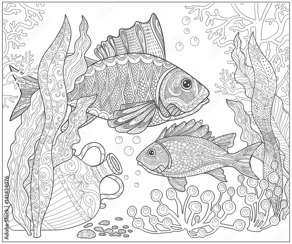 Fish on the seabed, adult coloring book page in doodle style. Stock ...