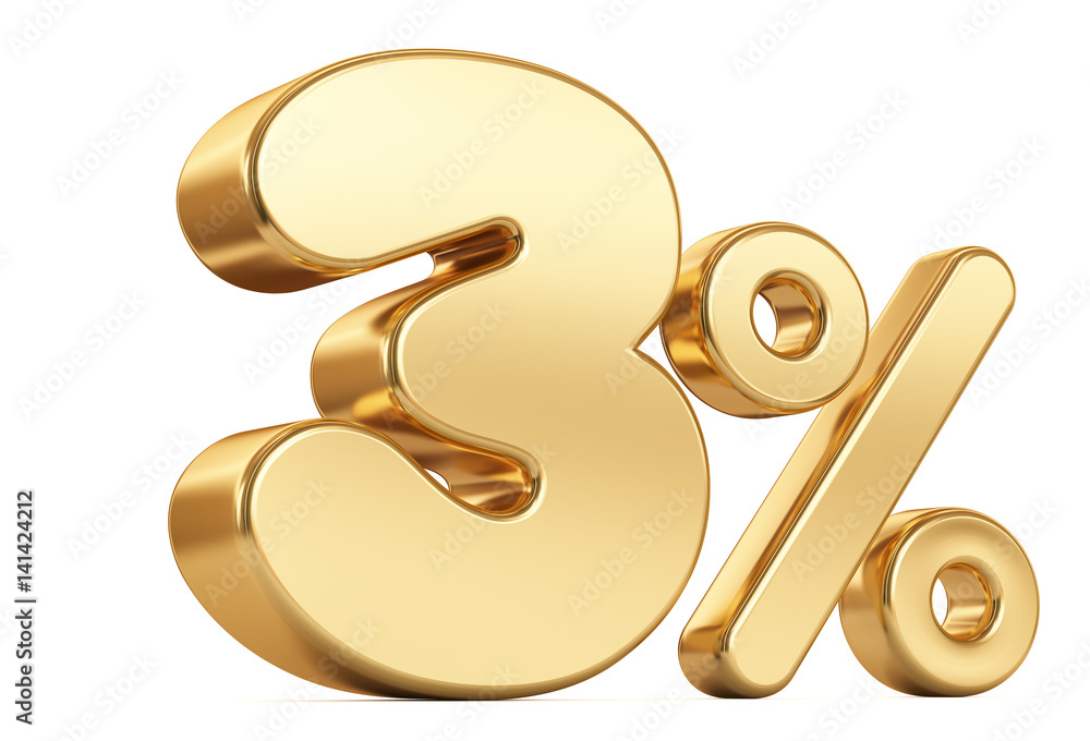 3d render illustration. Golden three percent on a white background ...
