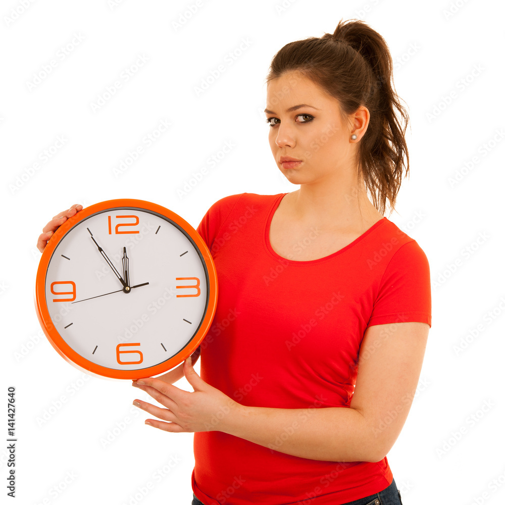 Foto Stock cute woman holding a clock as a simbol of time management ...