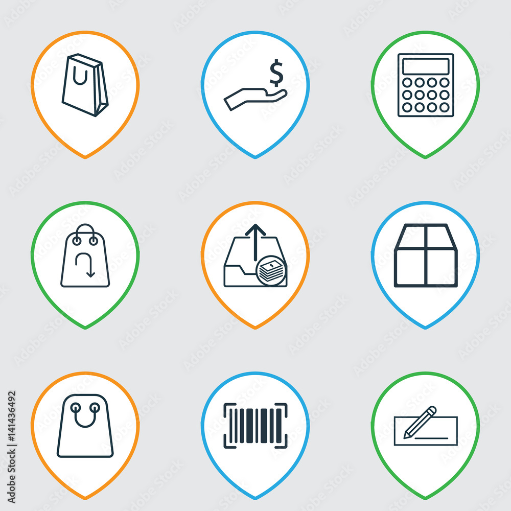 Set Of 9 E-Commerce Icons. Includes Money Transfer, Cardboard, Rich And ...