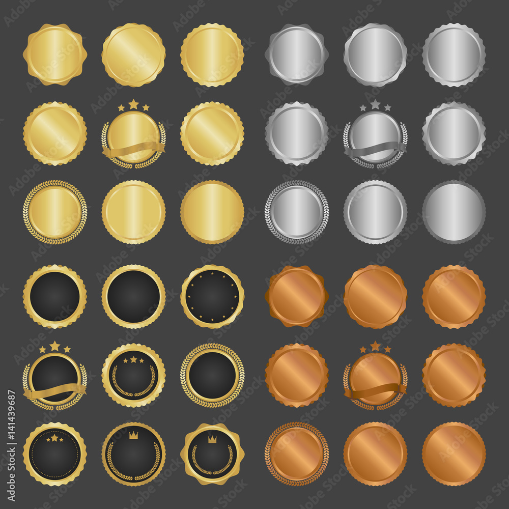 Collection of modern, gold circle metal badges, labels and design ...