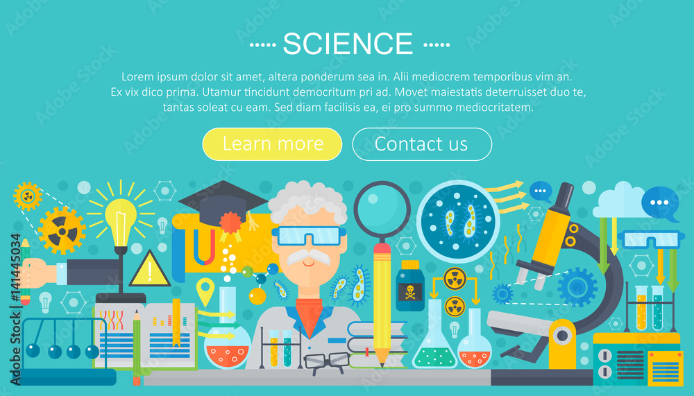 Flat design concept of science. Horizontal banner with scientist ...