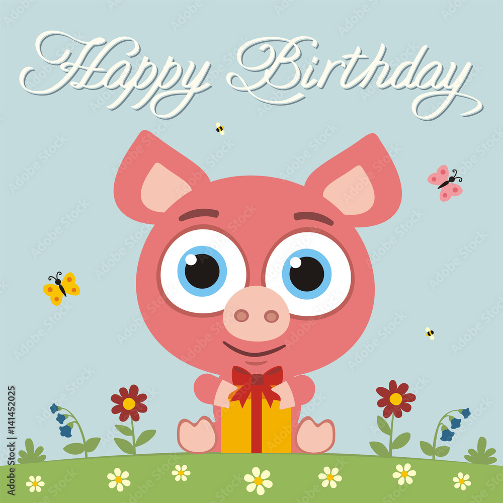 Happy birthday! Funny little pig with gift in cartoon style. Card with ...