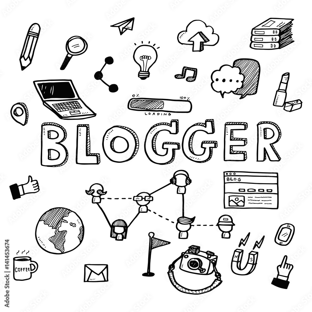 Hand draw business doodles with varieties of blogger icons and words ...
