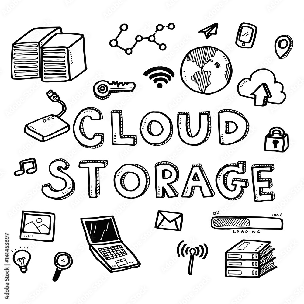 Hand draw business doodles cloud storage icons and words set on white ...