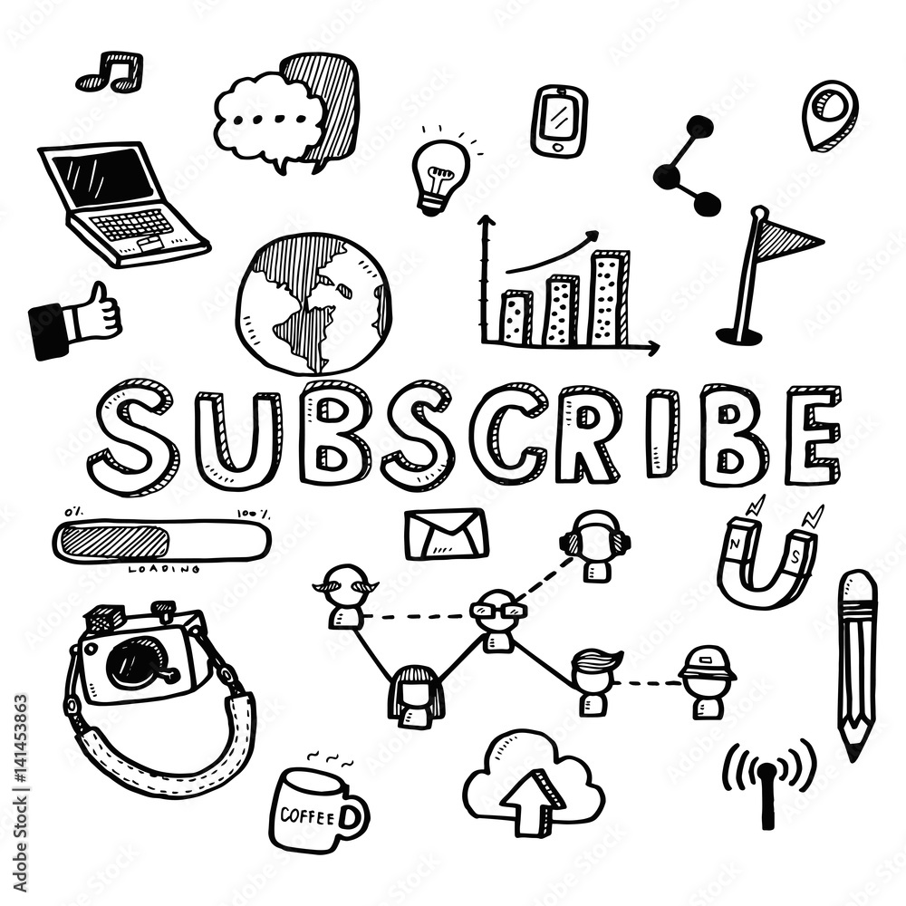 Hand draw business doodles subscribe icons and words set on white ...