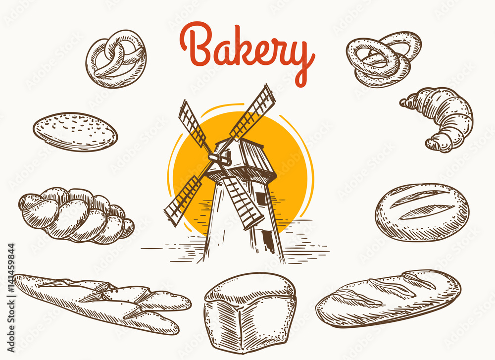 Vintage traditional bakery products vector sketch. Wheat and rye bread ...