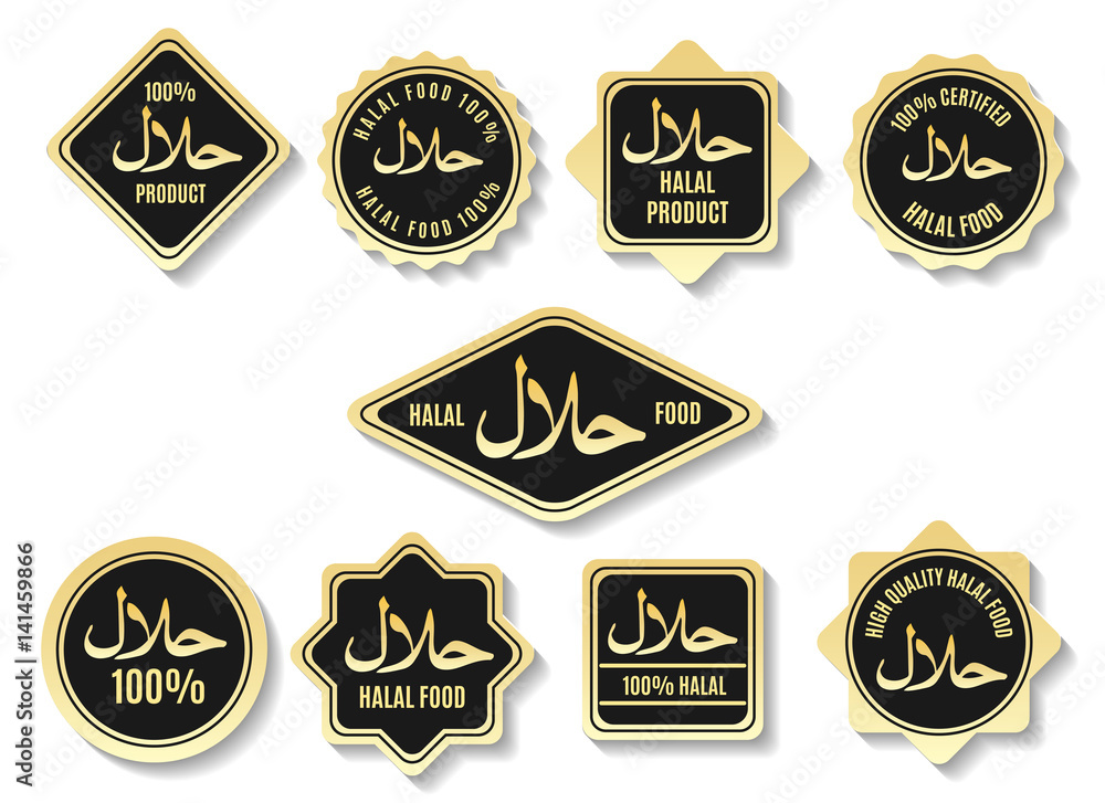 Islamic halal meal gold certified vector signs. Arabic kosher food ...