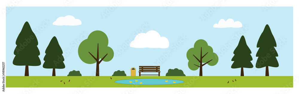 Park vector including bench, trees, bushes, clouds, pond, ducks and ...