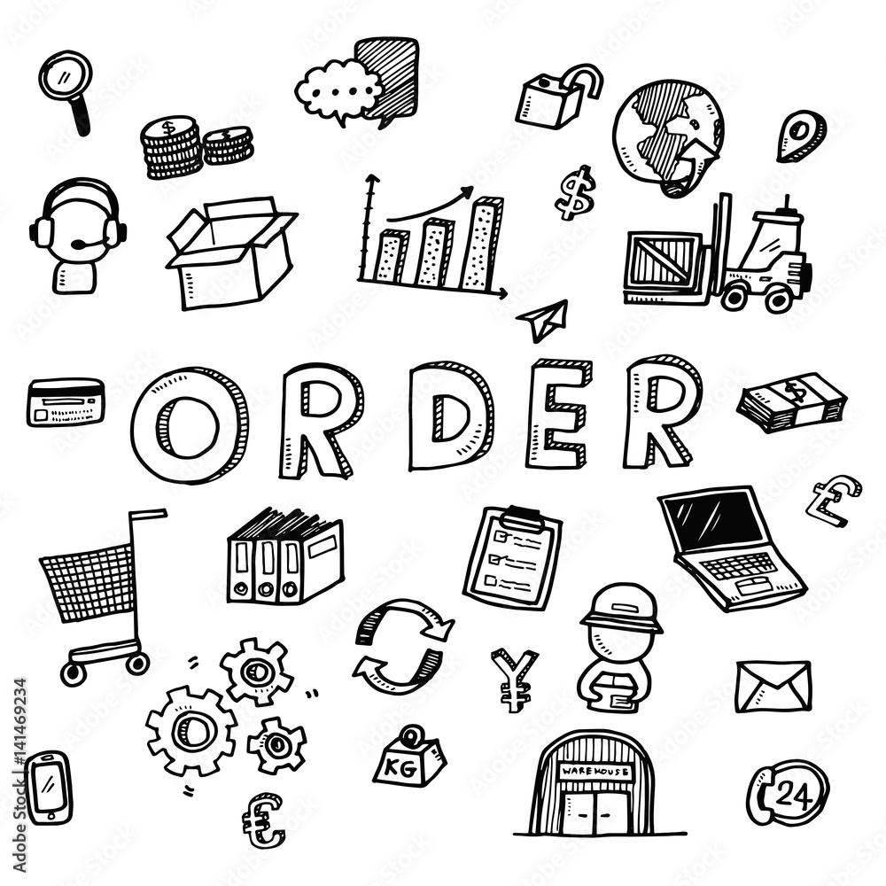 Hand draw order business doodles icon set for global transportation ...