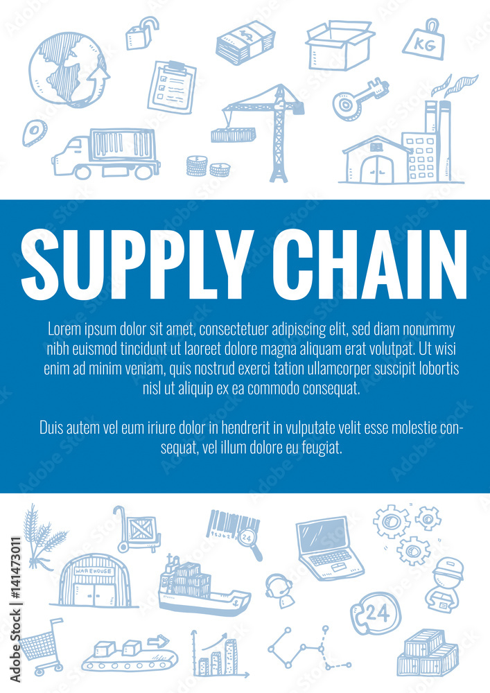 Vector template for supply chain theme with hand drawn doodles logistic ...