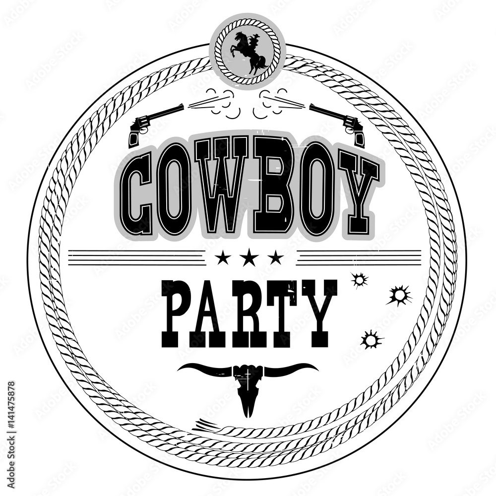 Cowboy party western label isolated on white.Vector vintage card ...