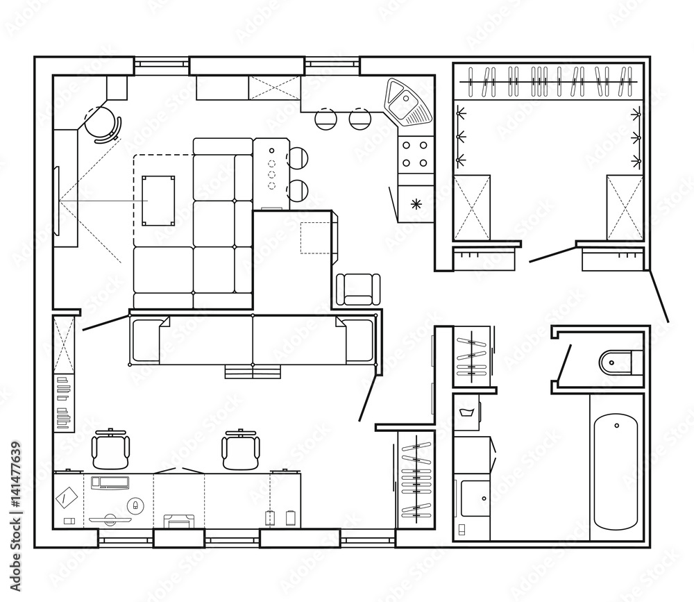 Black and White architectural plan of a house. Layout of the apartment ...