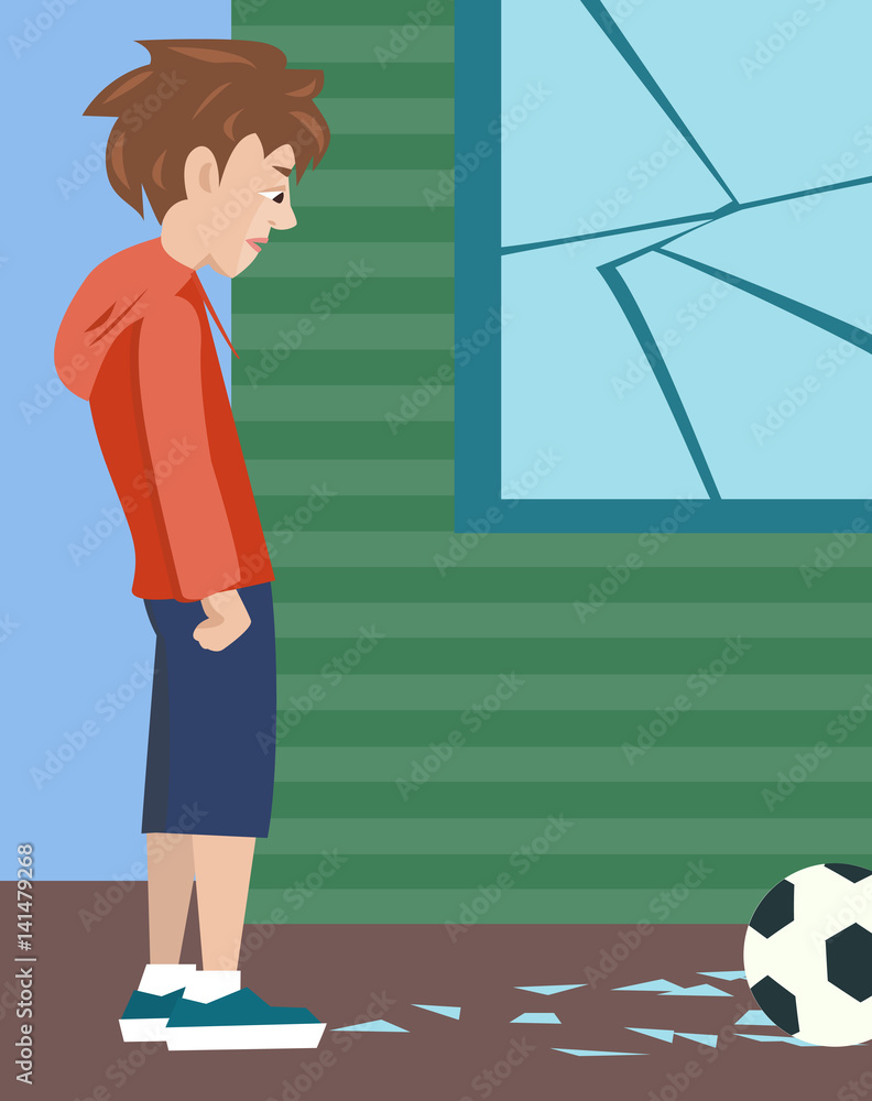 boy with ball and broken glass, vector cartoon of problem child Stock ...