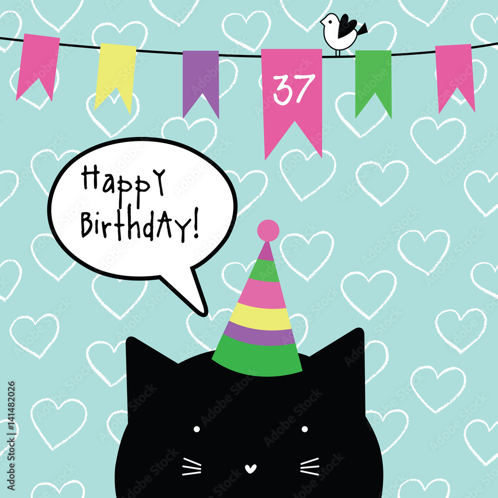 Happy birthday card with cat character. Greeting card. Design element ...