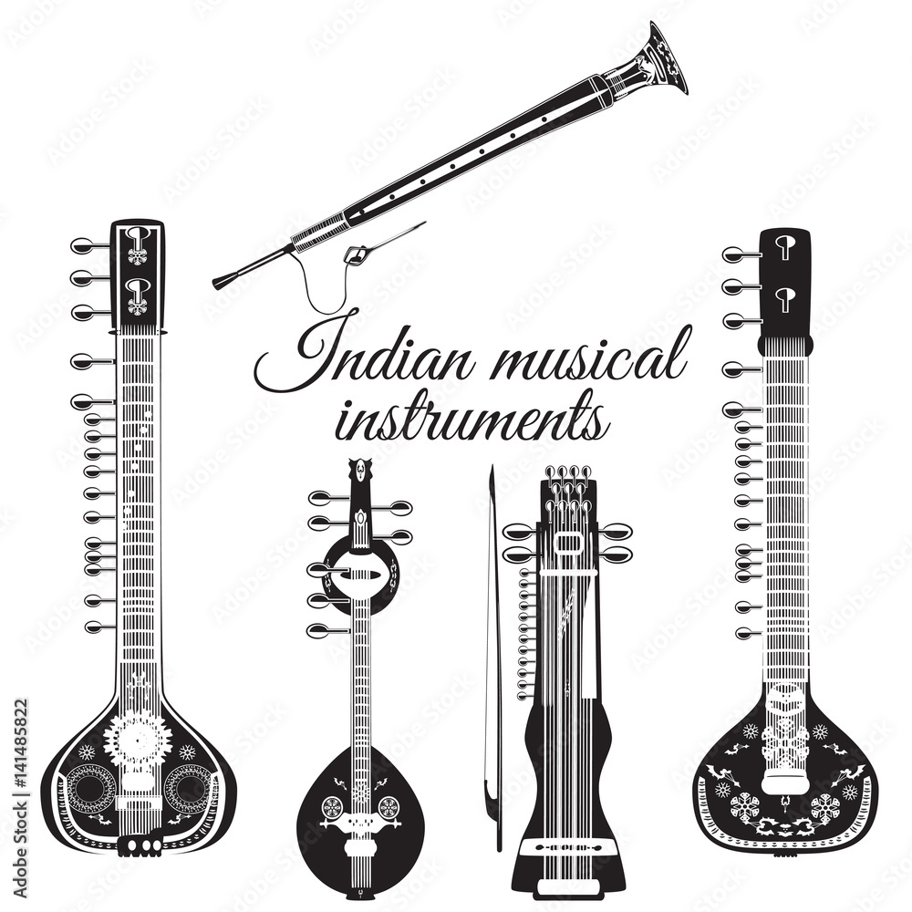 Vector set of indian musical instruments, flat style. Stock Vector ...