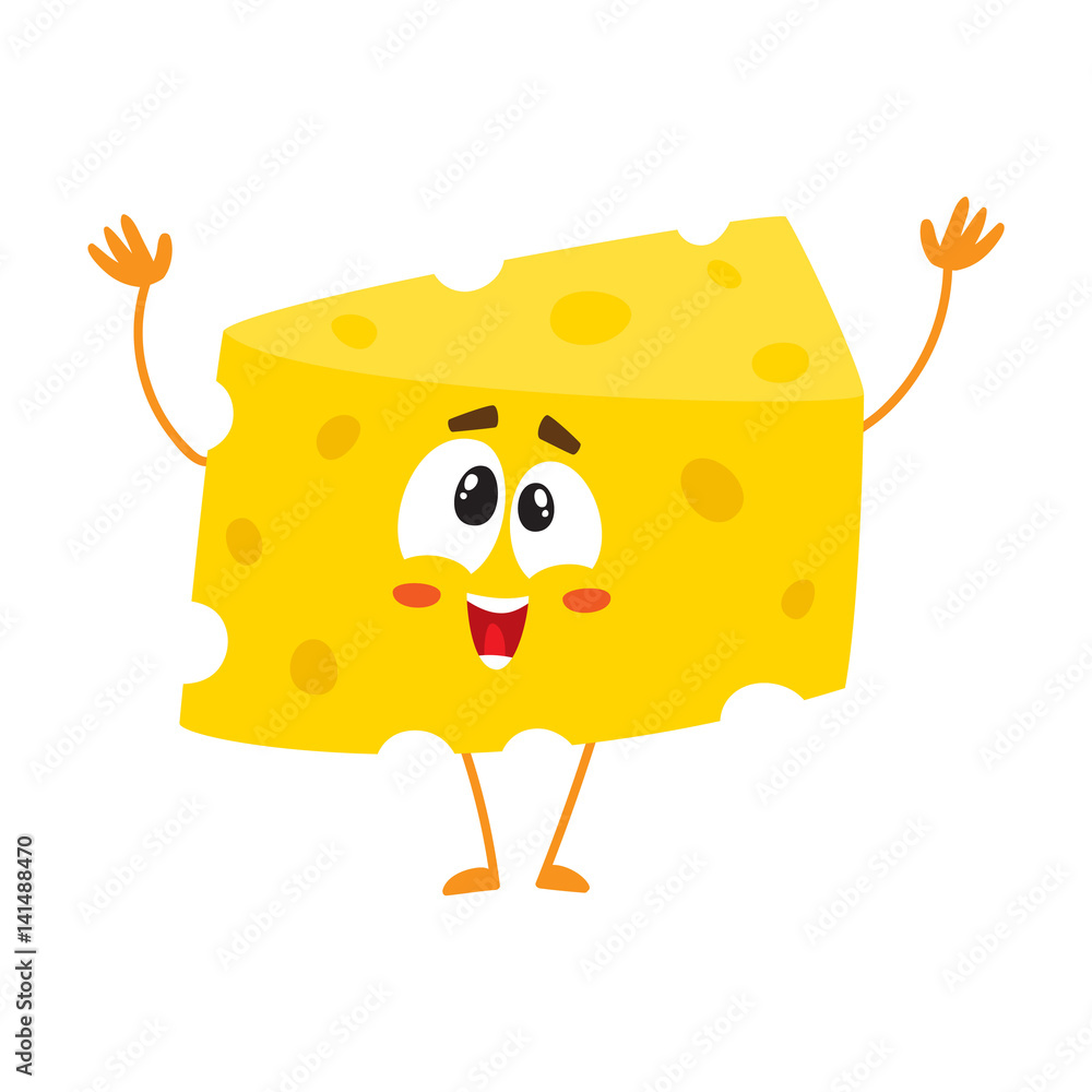 Cute and funny cheese chunk character greeting, welcoming with hands ...