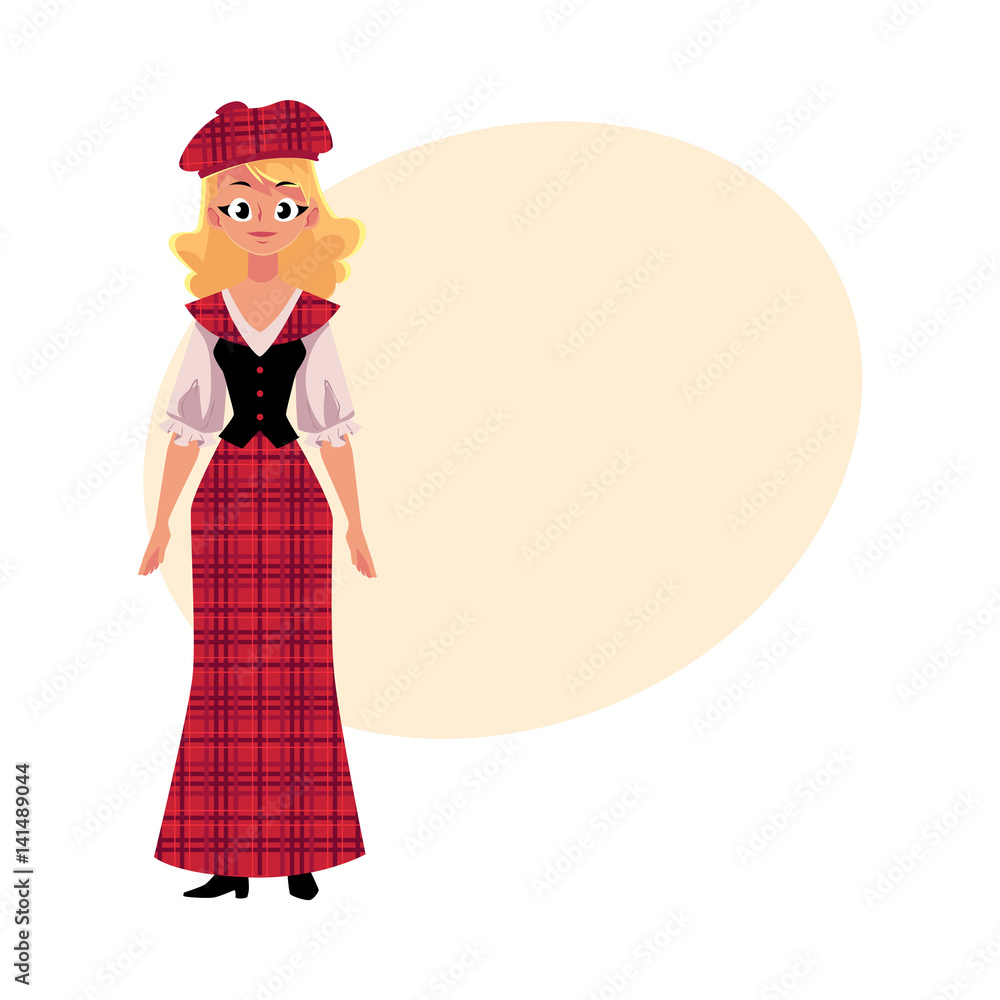 Scottish woman in traditional national costume, tartan beret and long ...