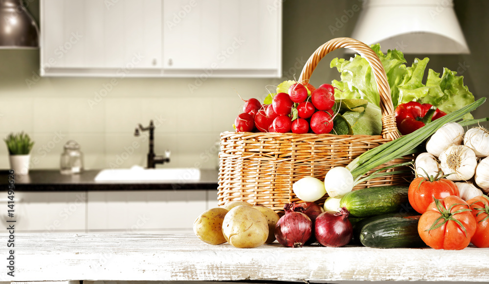 vegetables and kitchen space Stock Photo | Adobe Stock