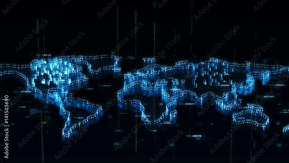 3D animation of blue colored glowing hologram of world map with data ...