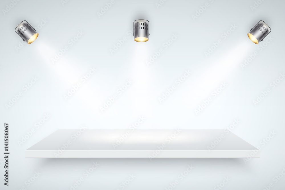 Light box with white presentation platform on light backdrop with three ...