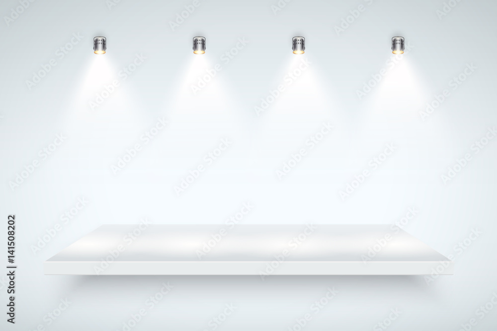 Light box with white presentation platform on light backdrop with four ...